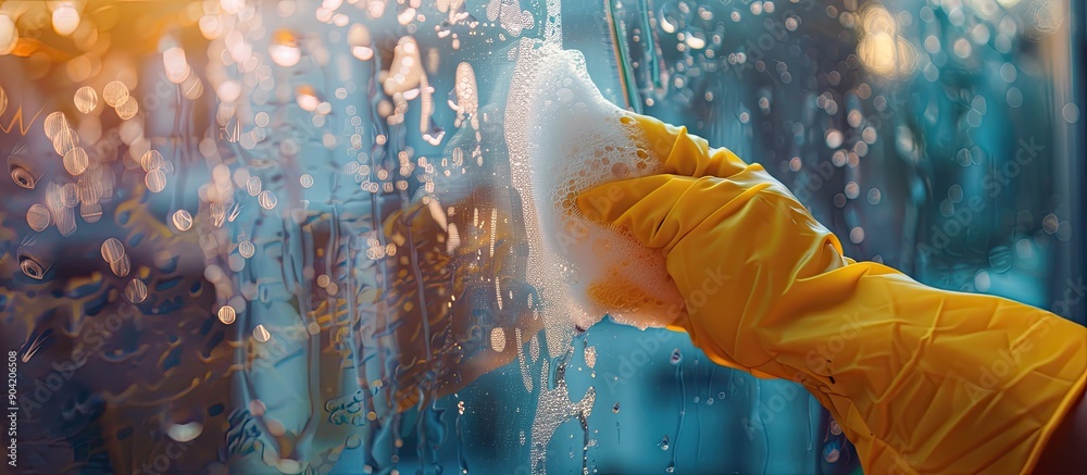 Cleaning a window with a squeegee and detergent foam hand clad in a ...