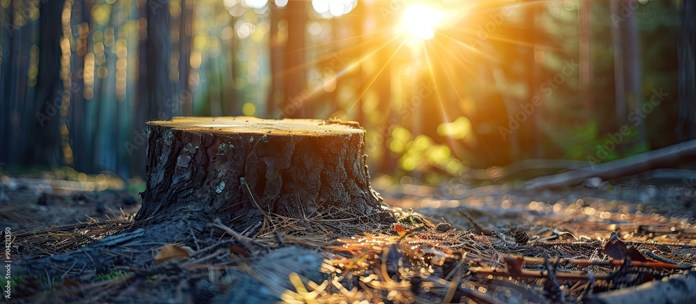 Pine tree stump in a sunny forestry setting with copy space image ...
