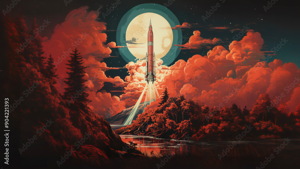 Starship rocket blasting off, from a strange alien sky. Retro ...
