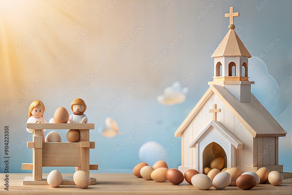 Wooden Church Models with Person Figure in Prayer Pose, Easter Eggs and ...
