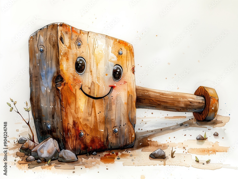 Watercolor alive wooden sledgehammer on the ground isolated on white ...
