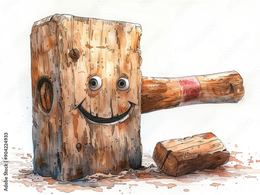 Watercolor alive wooden sledgehammer on the ground isolated on white ...