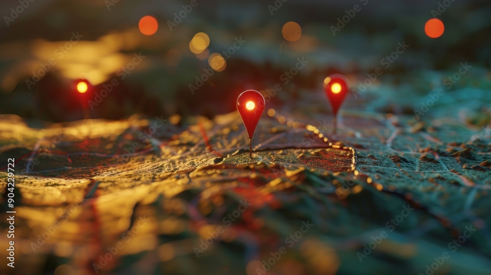 bright red map pin marks an area on the map. blurred background Stock ...