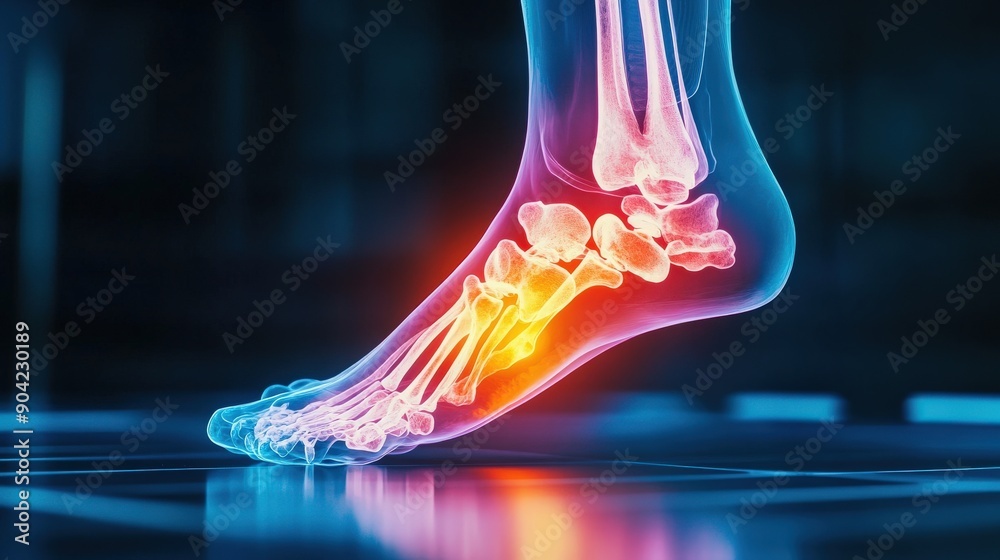 A foot with a red and yellow bone is shown in a blue background ...