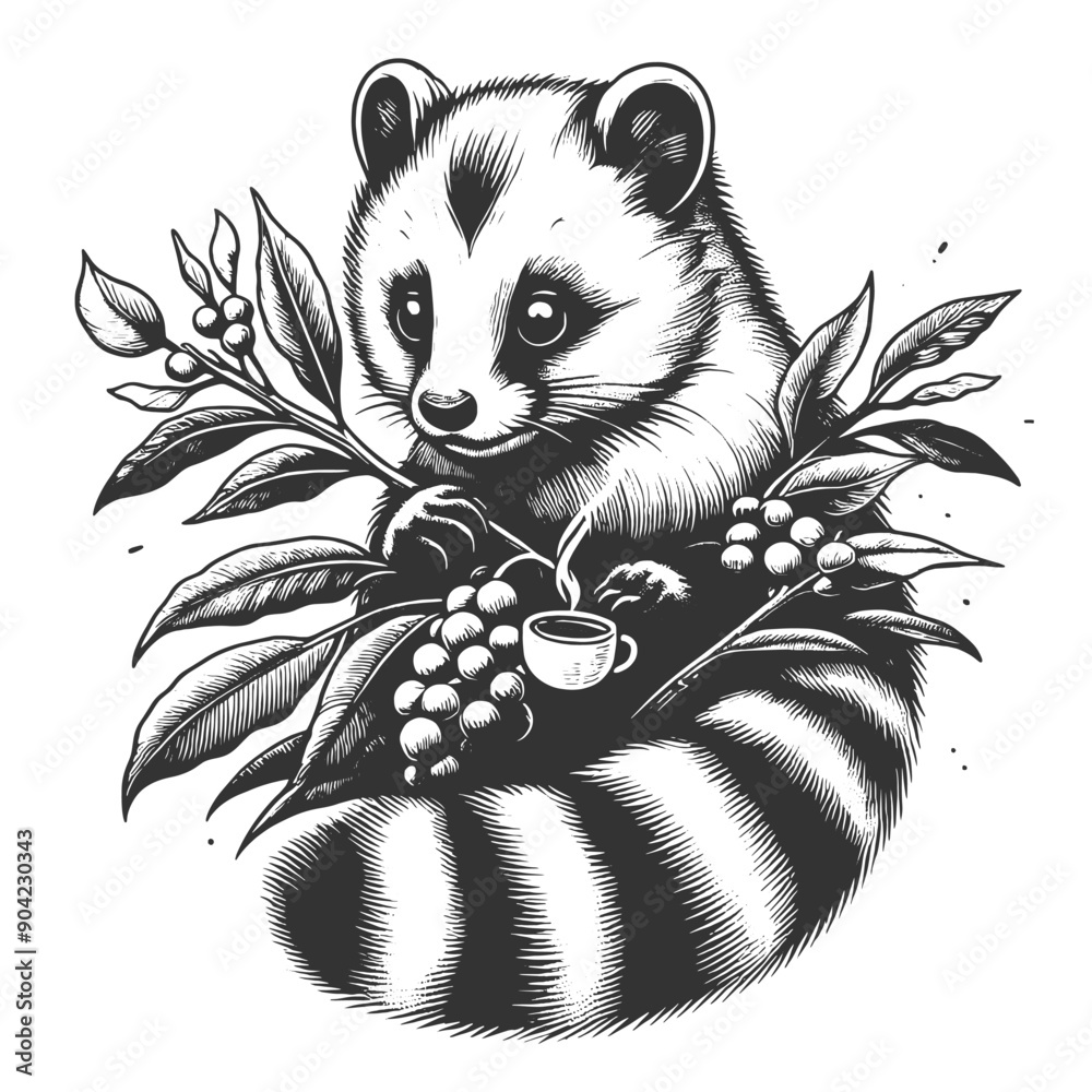 musang Asian palm civet sit on coffee tree branch with coffee cup Kopi ...