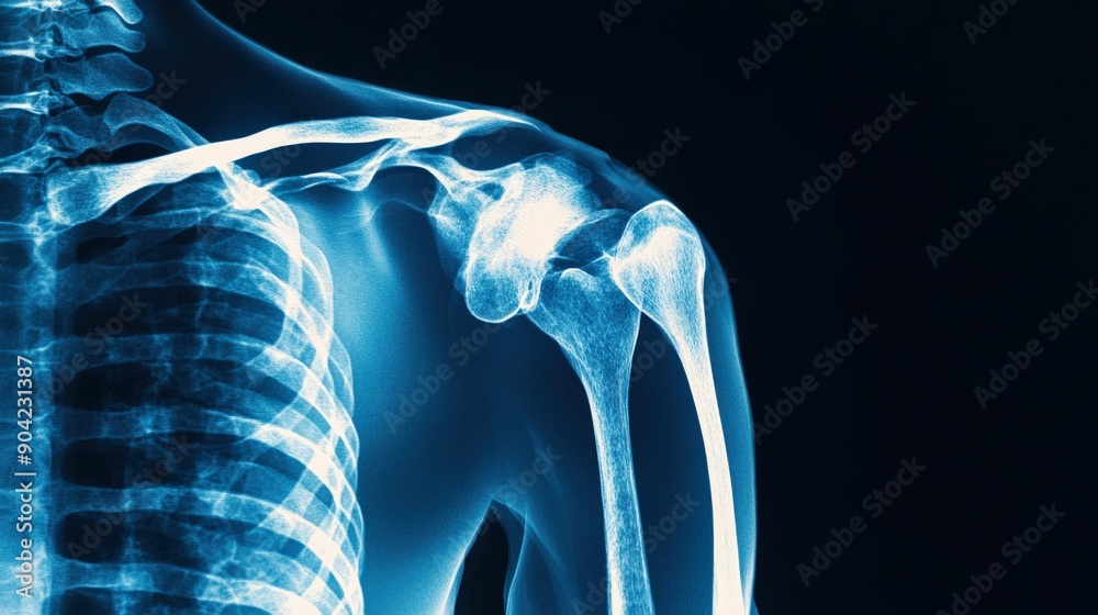 A skeleton of a human arm with a broken shoulder. The image is in black ...