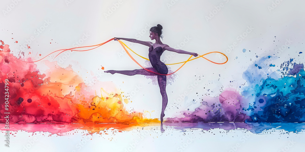 An elegant gymnast performing with a ribbon, depicted in vibrant ...