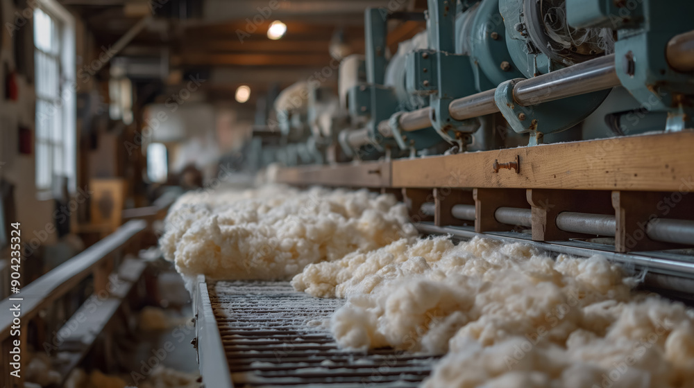 Fluffy cotton being processed on a conveyor belt in a textile factory ...