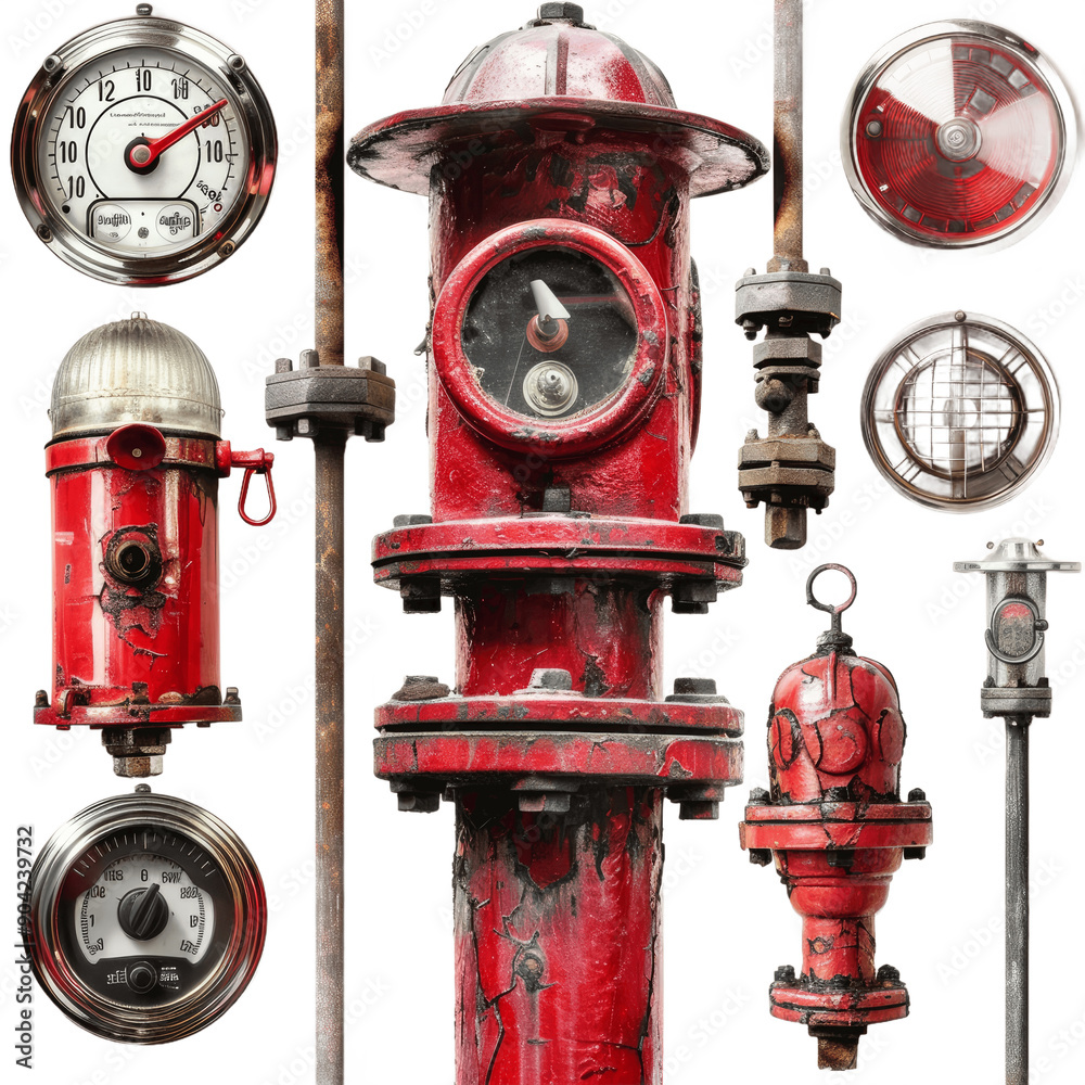 Fire hydrant pull station and fire alarm collage isolated on transparent background Stock ...