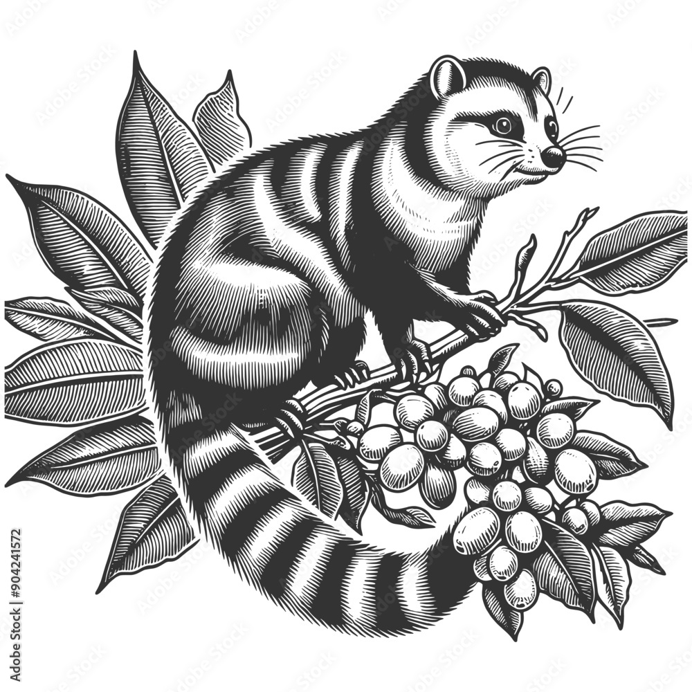 Vetor de musang Asian palm civet sit on coffee tree branch with coffee ...