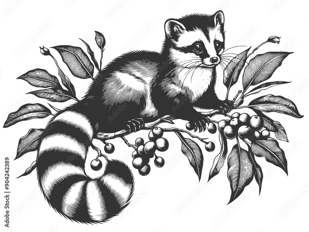 musang Asian palm civet sit on coffee tree branch with coffee cup Kopi ...