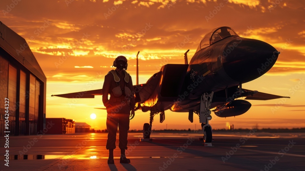 military jet fighter pilot next to plane with sunrise view background ...