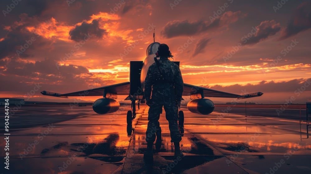 military jet fighter pilot next to plane with sunrise view background ...