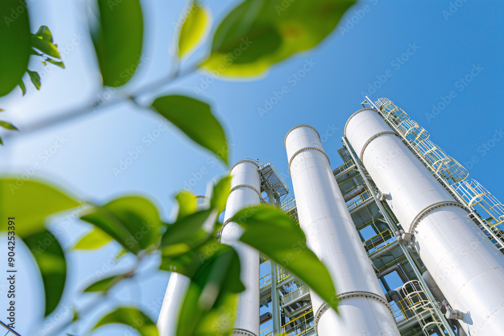 An innovative carbon capture plant set against a clear blue sky. The ...