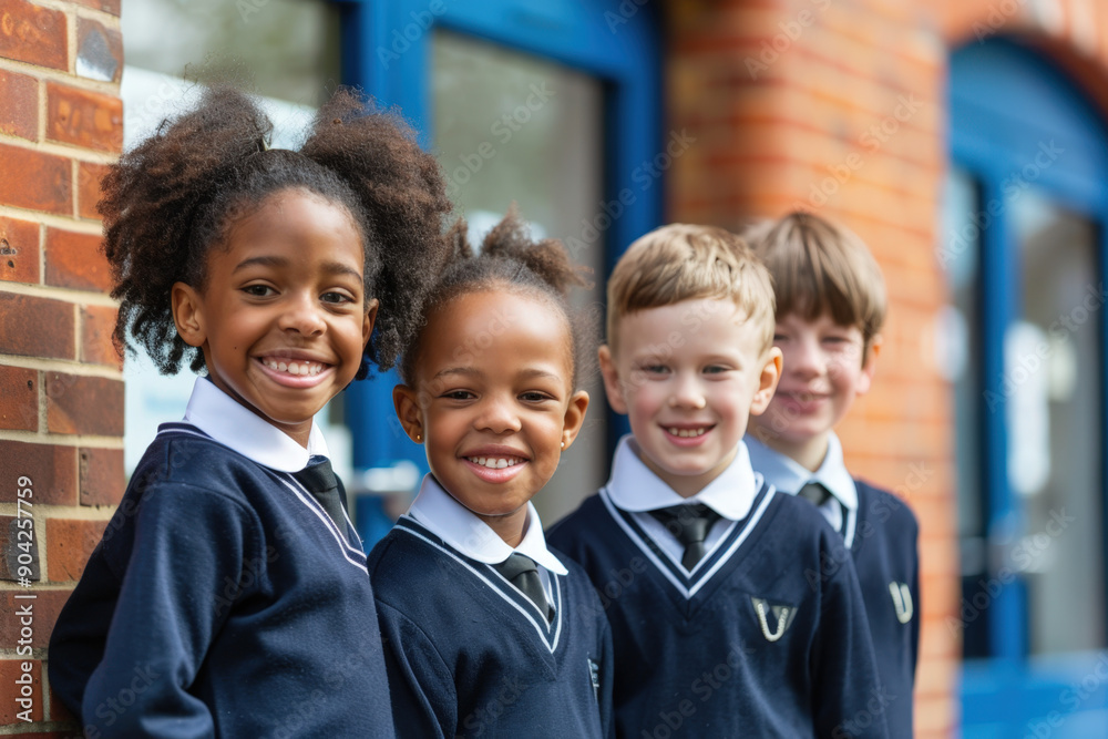 Elementary students in school uniforms, smiling outside a diverse ...