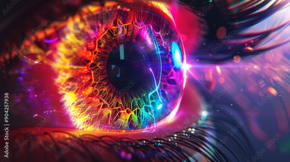 Concept of a human eye's multicolored iris animation: rainbow lines ...