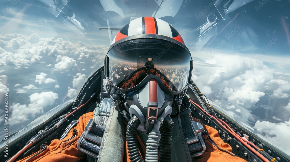 A pilot is wearing a full body suit and goggles. The pilot is in the ...