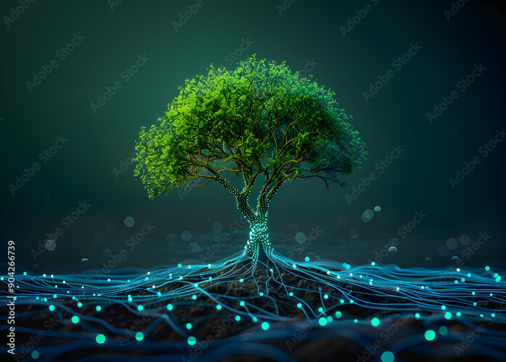 vibrant green tree representing growth, data visualization, technology ...
