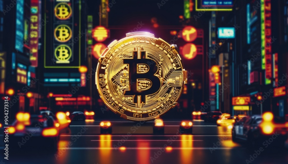 large bitcoin logo at the center, with many stop signs arranged in a ...