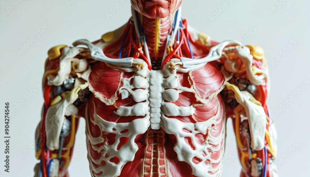 front view of realistic human upper torso, white background, showing ...