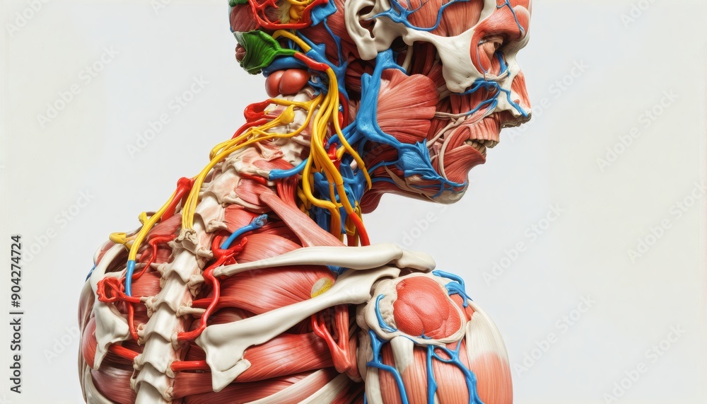 highly detailed illustration of human upper torso, white background ...