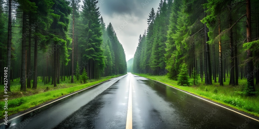 dark moist and wet from the rain green coniferous forest of pine trees ...