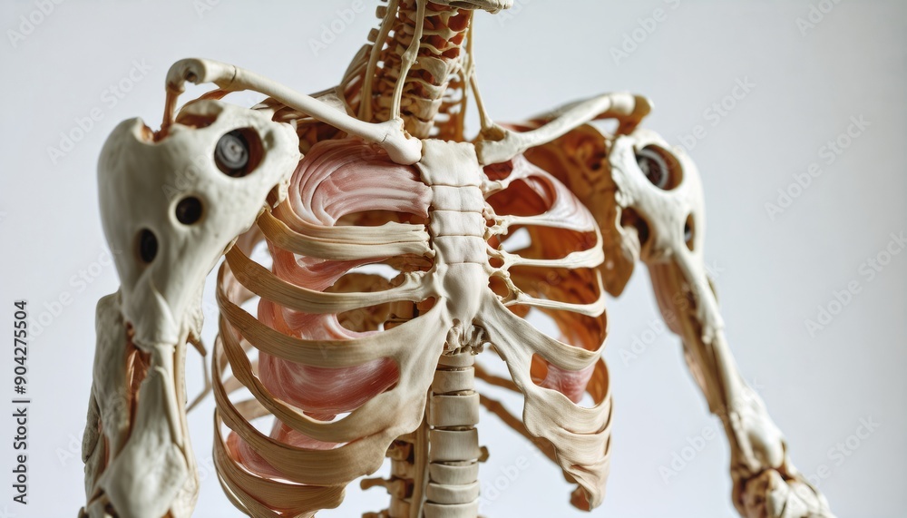 anatomical model of human upper body, displayed against white ...