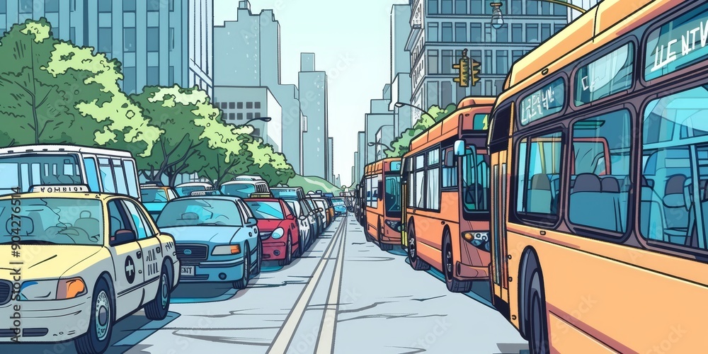 Traffic jam in a modern city with cars and buses lined up, illustrating ...