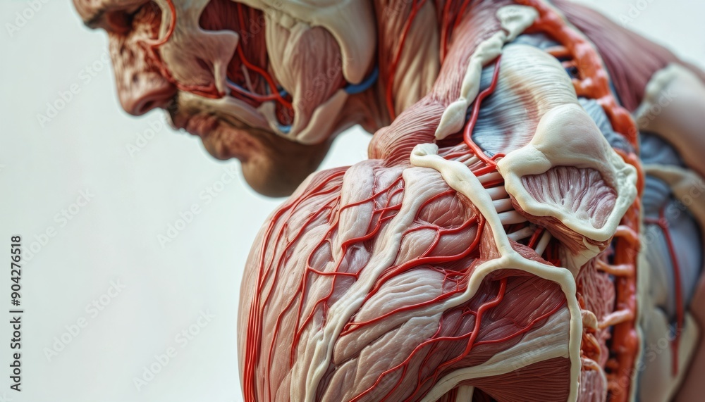 close-up of human upper body anatomy, white background, focus on ...