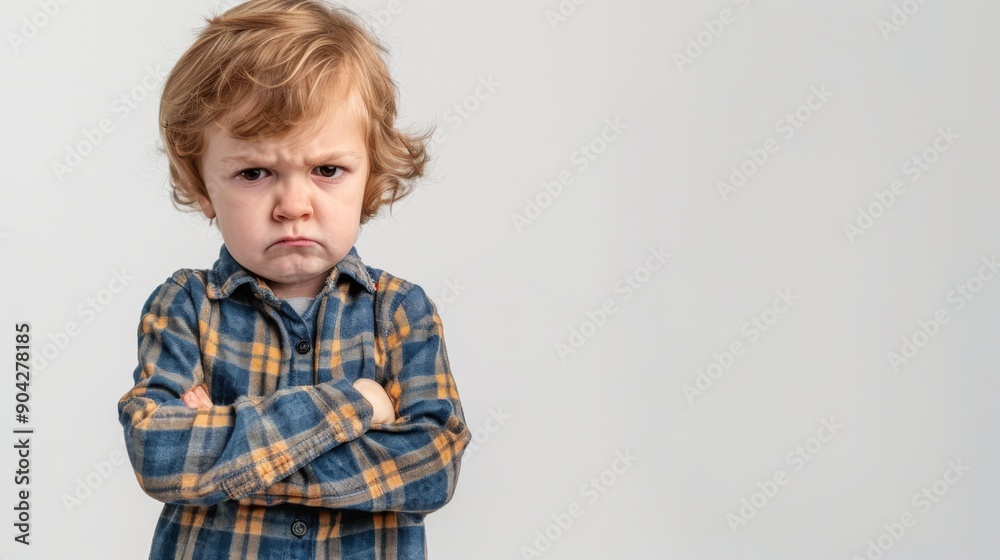 Mad male kid, angry little boy standing with his arms crossed, and ...