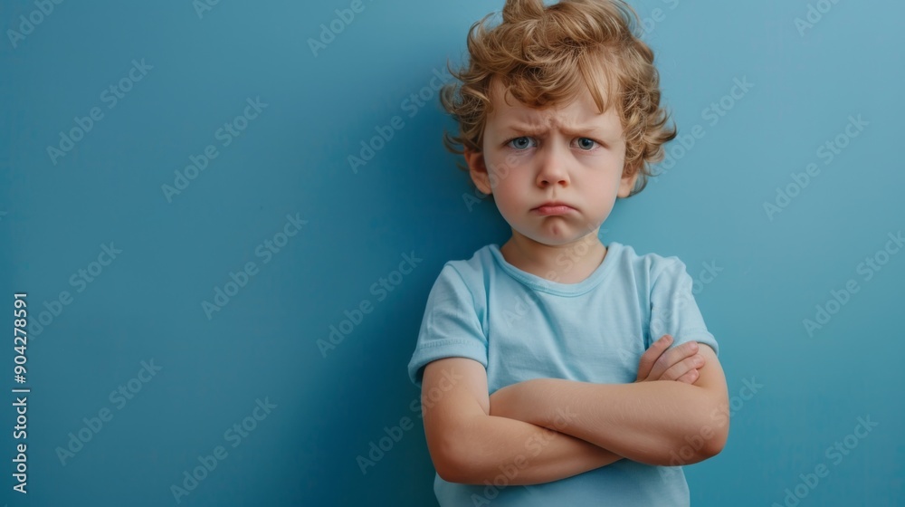 Mad male kid, angry little boy standing with his arms crossed, and ...