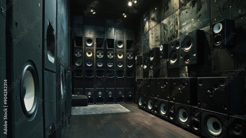 A room with walls full of stacked audio system speakers background ...