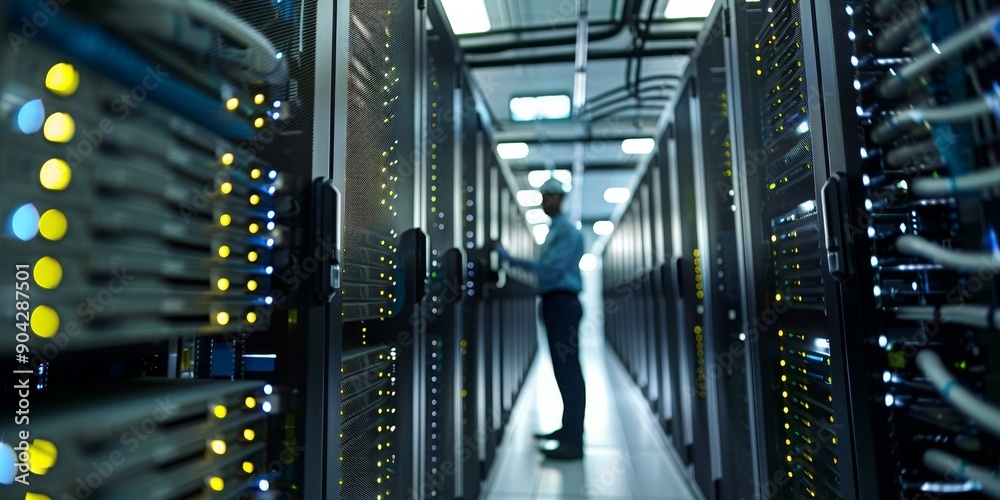 Technicians performing maintenance on a large server rack in a data ...