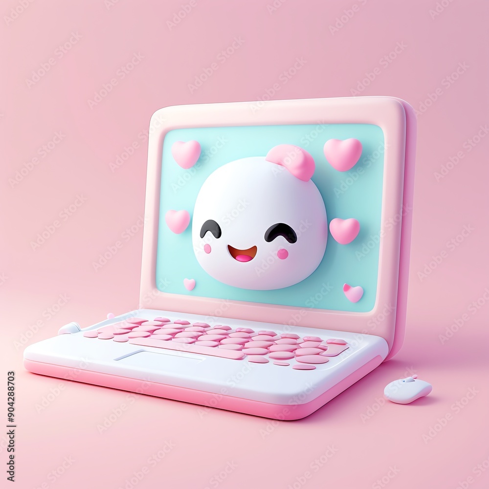 Cute pastel laptop with a smiling face on the screen and heart icons ...