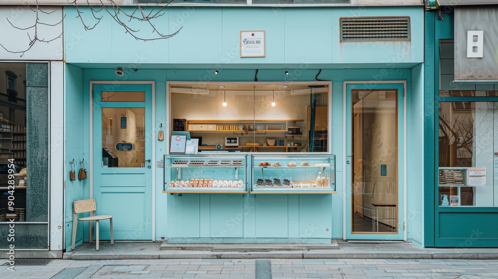 A colorful ice cream shop with a pink and blue theme. The shop has a ...