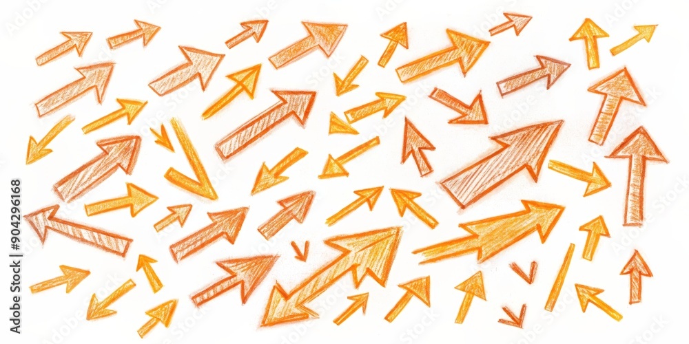 Vibrant orange hand-drawn arrows in various sizes and directions ...