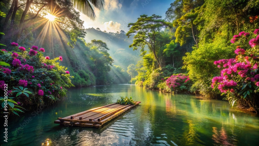Serene river raft floats gently through lush rainforest surrounded by ...