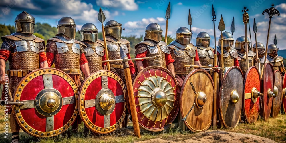 Ancient Roman army artifacts, such as shields, swords, and armor, arranged in a battle-ready ...