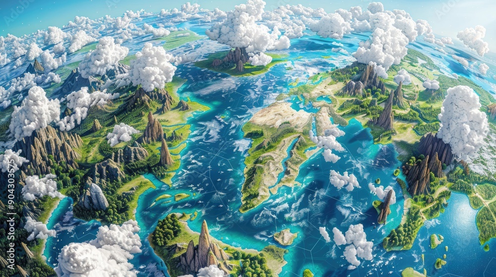 Artistic world map with blue oceans, green terrain, and white clouds ...