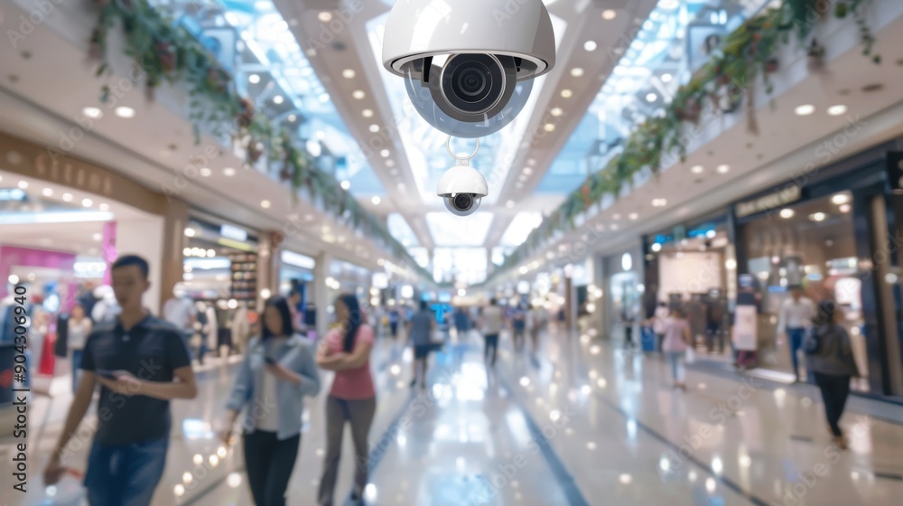 Modern Shopping Mall with People and Security Cameras Ensuring Safety ...