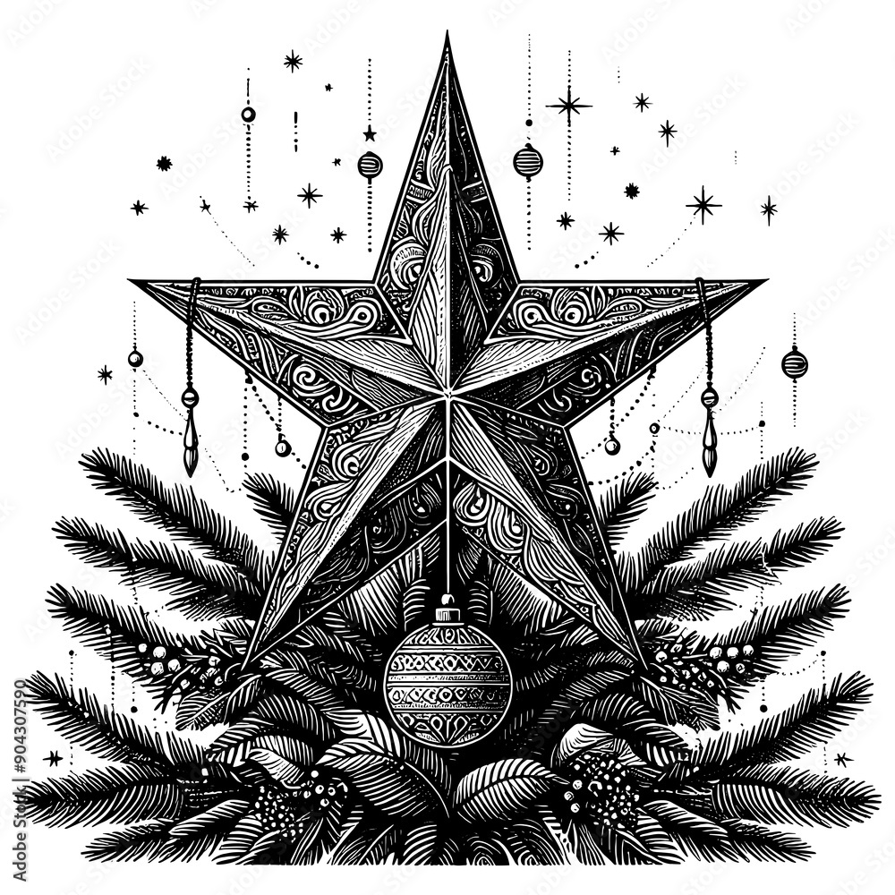 Christmas star set against lush pine branches, capturing festive ...