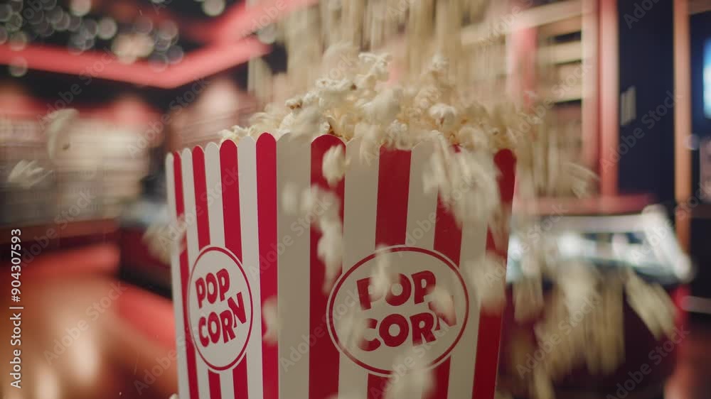 A close-up shot captures popcorn filling a basket in a cinema setting ...