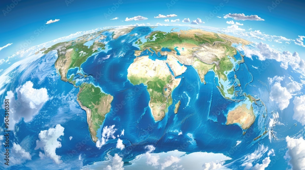 Global view world map with detailed blue seas, green continents, and ...