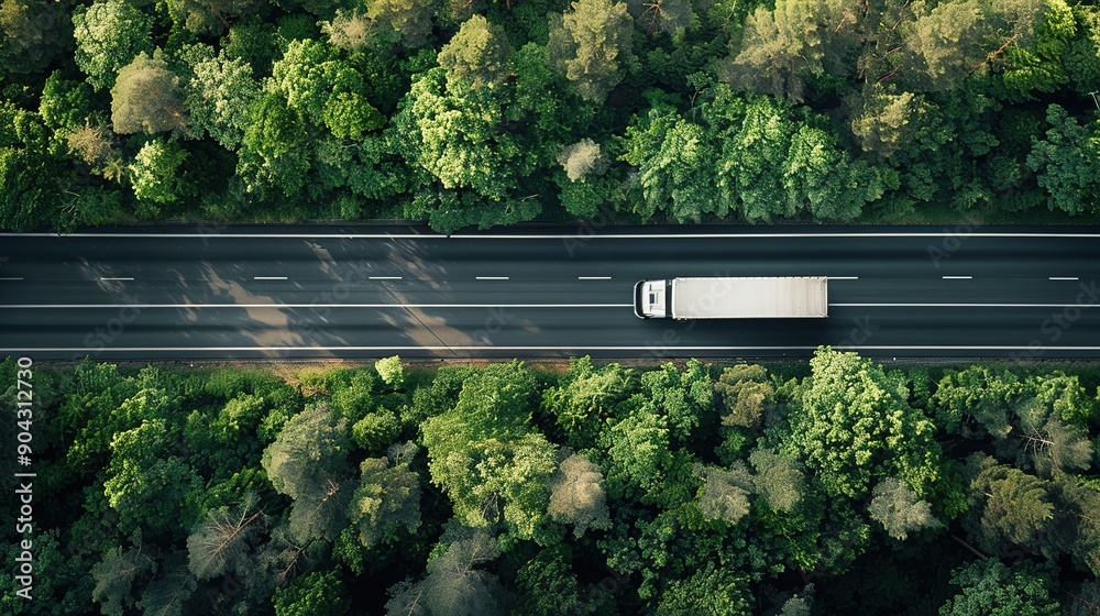 Aerial top view of car and truck driving on highway road in green ...