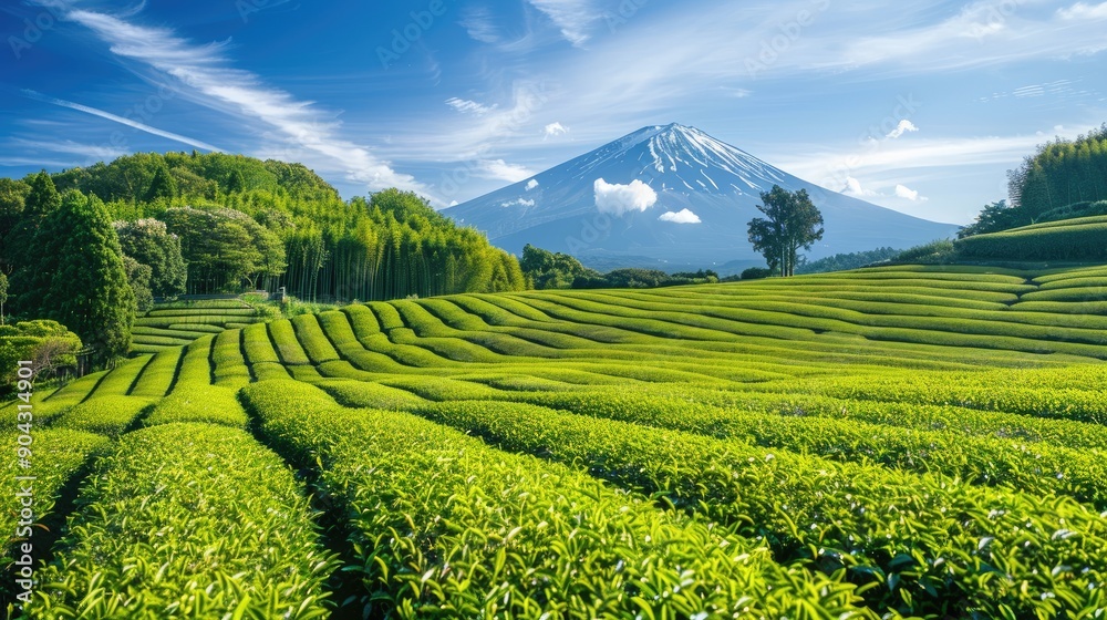 Picturesque view of green tea fields leading to Mount Fuji ...
