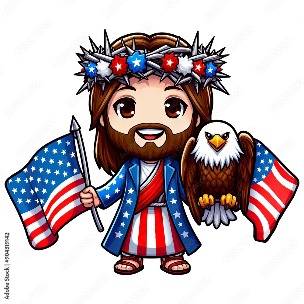 happy chibi jesus wearing uncle sam costume hold an eagle and american ...