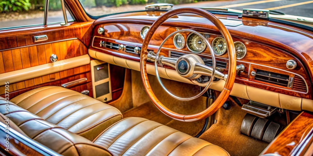 Classic Car Interior Wooden Dashboard, Leather Seats and Chrome ...