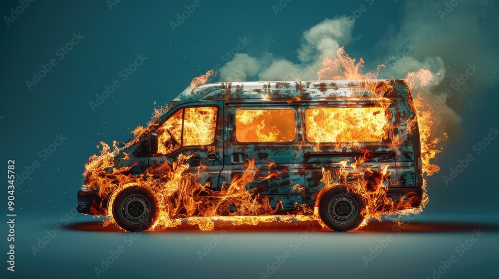 A car is on fire and the flames are shooting out of the back. The car ...