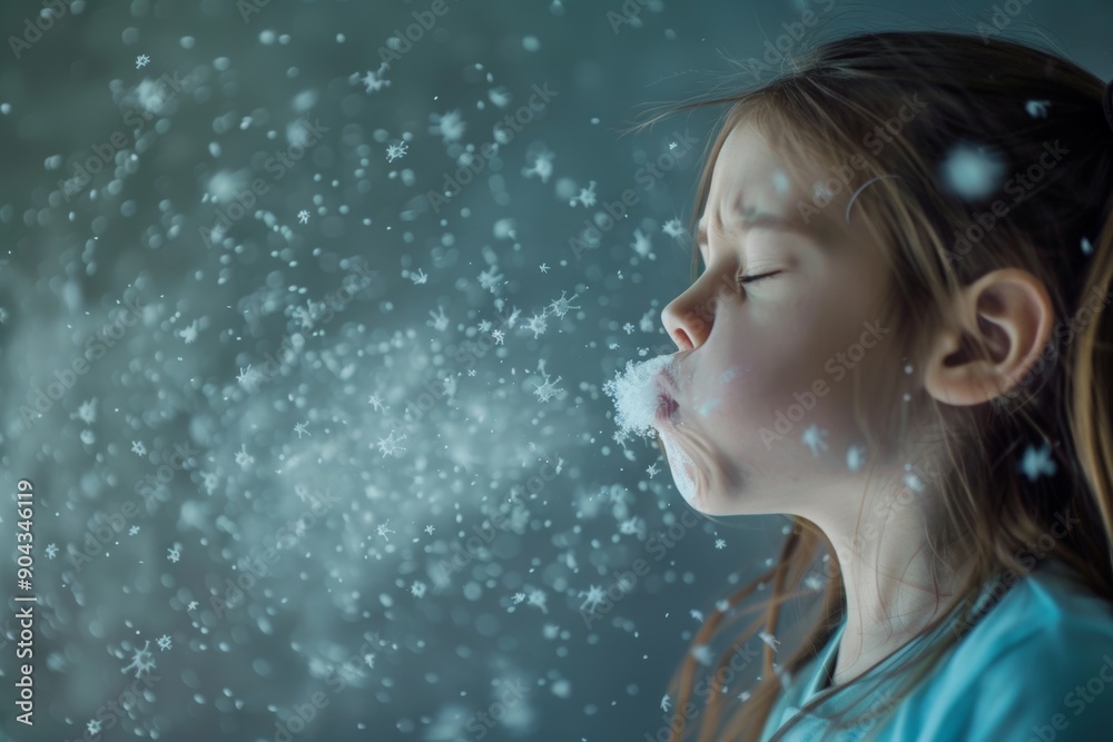 Young girl sneezing illustrating airborne bacterial transmission. Close ...