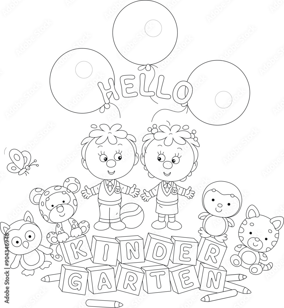 Hello kindergarten card with a funny little boy and girl among their ...